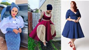 Traditional Shweshwe Dresses for Makoti - Green And Yellow Skirts